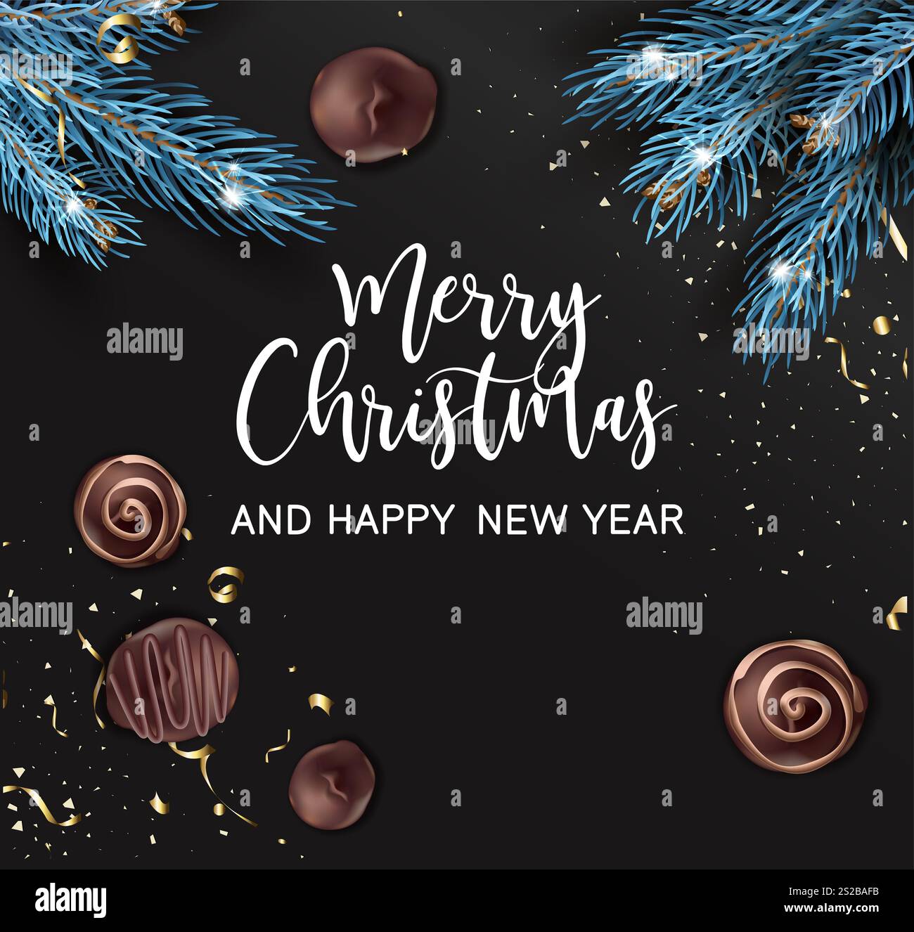 Greeting card with pine tree branches and sweet chocolate candies ...