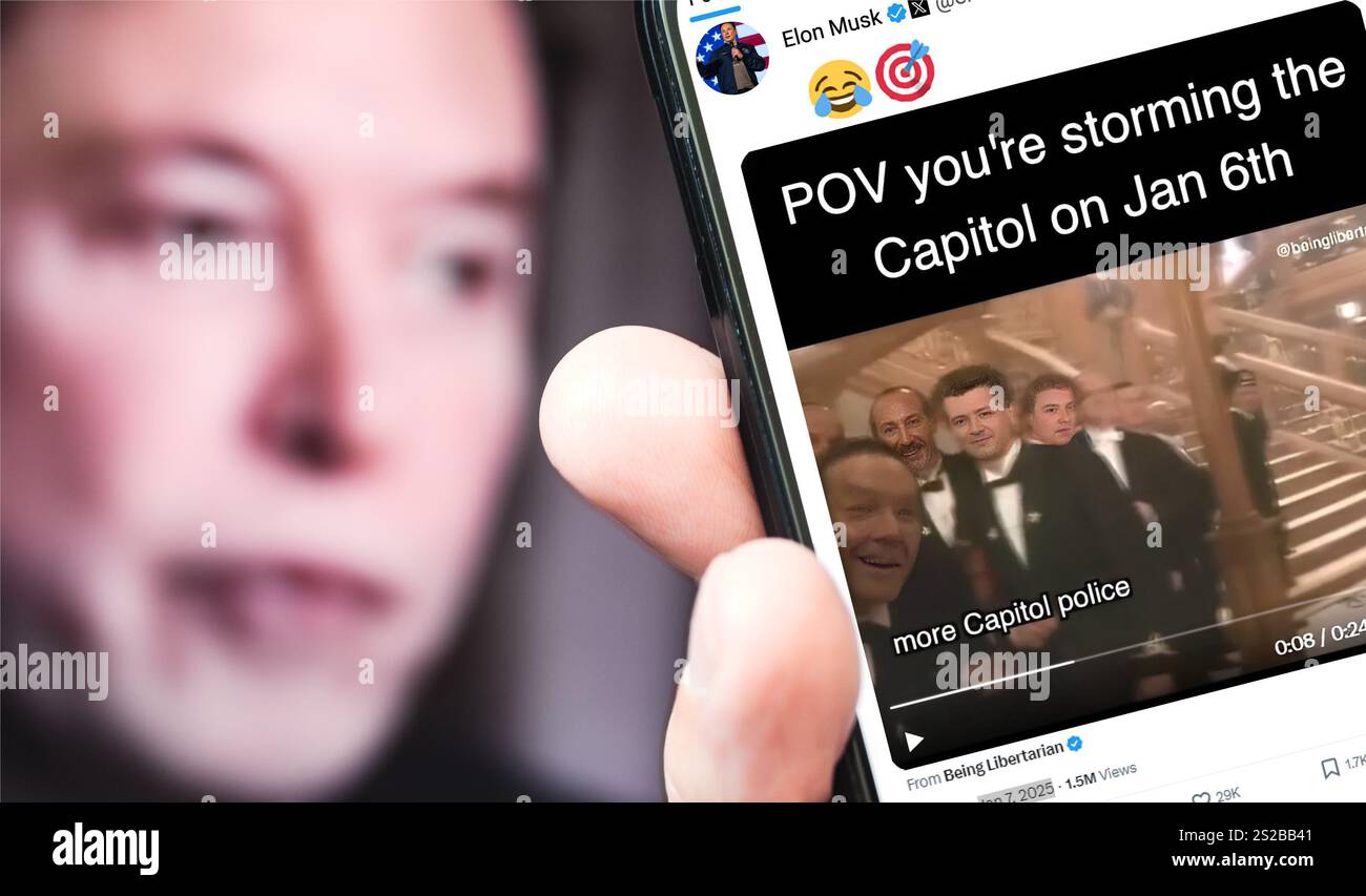 Poltava, Ukraine - January 7, 2025. Elon Musk Twitter profile page with ...