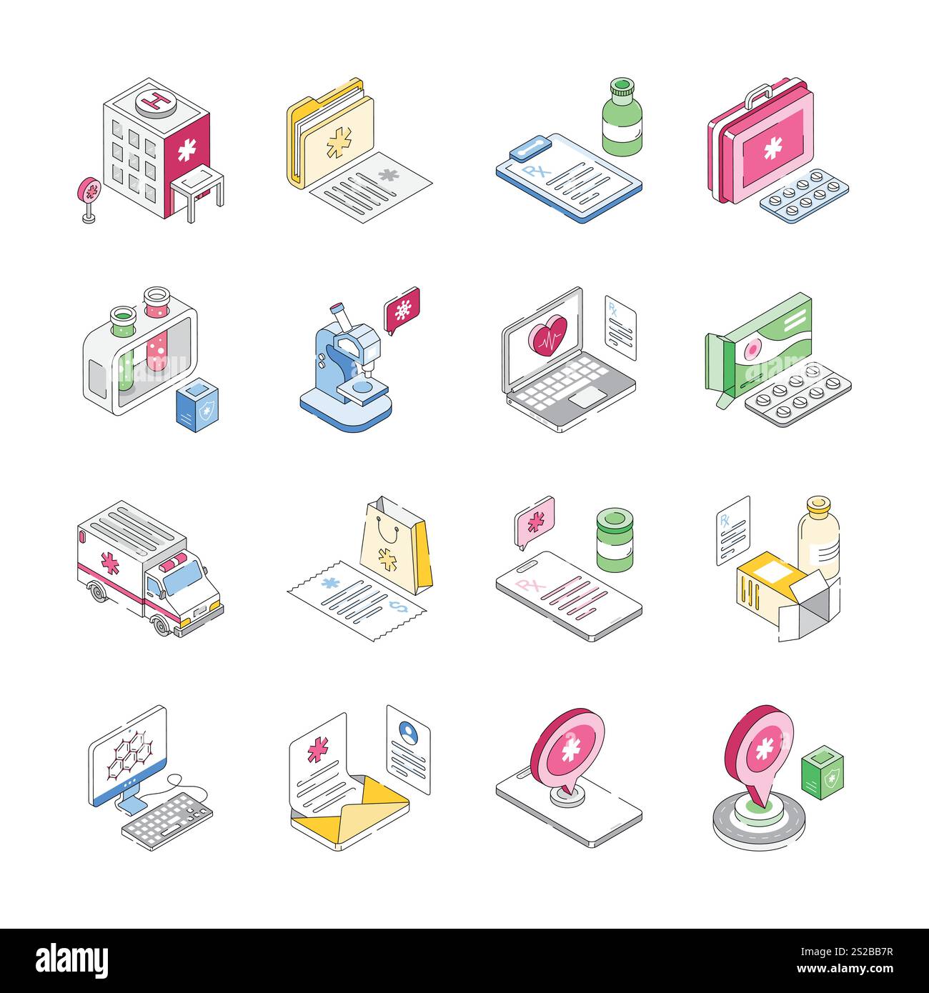 Collection of modern isometric icons represents various aspects of ...