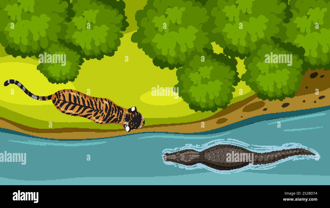 A tiger and crocodile near a forest river Stock Vector Image & Art - Alamy