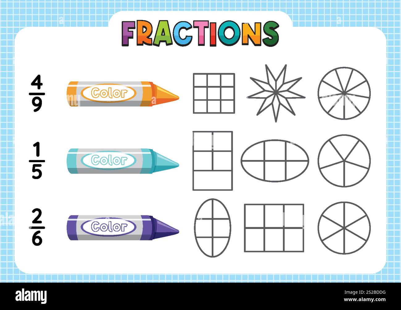 Educational illustration of fractions with colorful crayons Stock ...