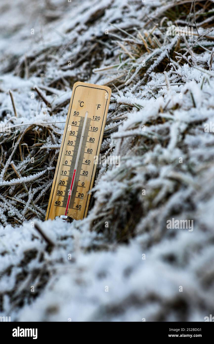 Wooden thermometer stuck in frozen grass displaying freezing ...