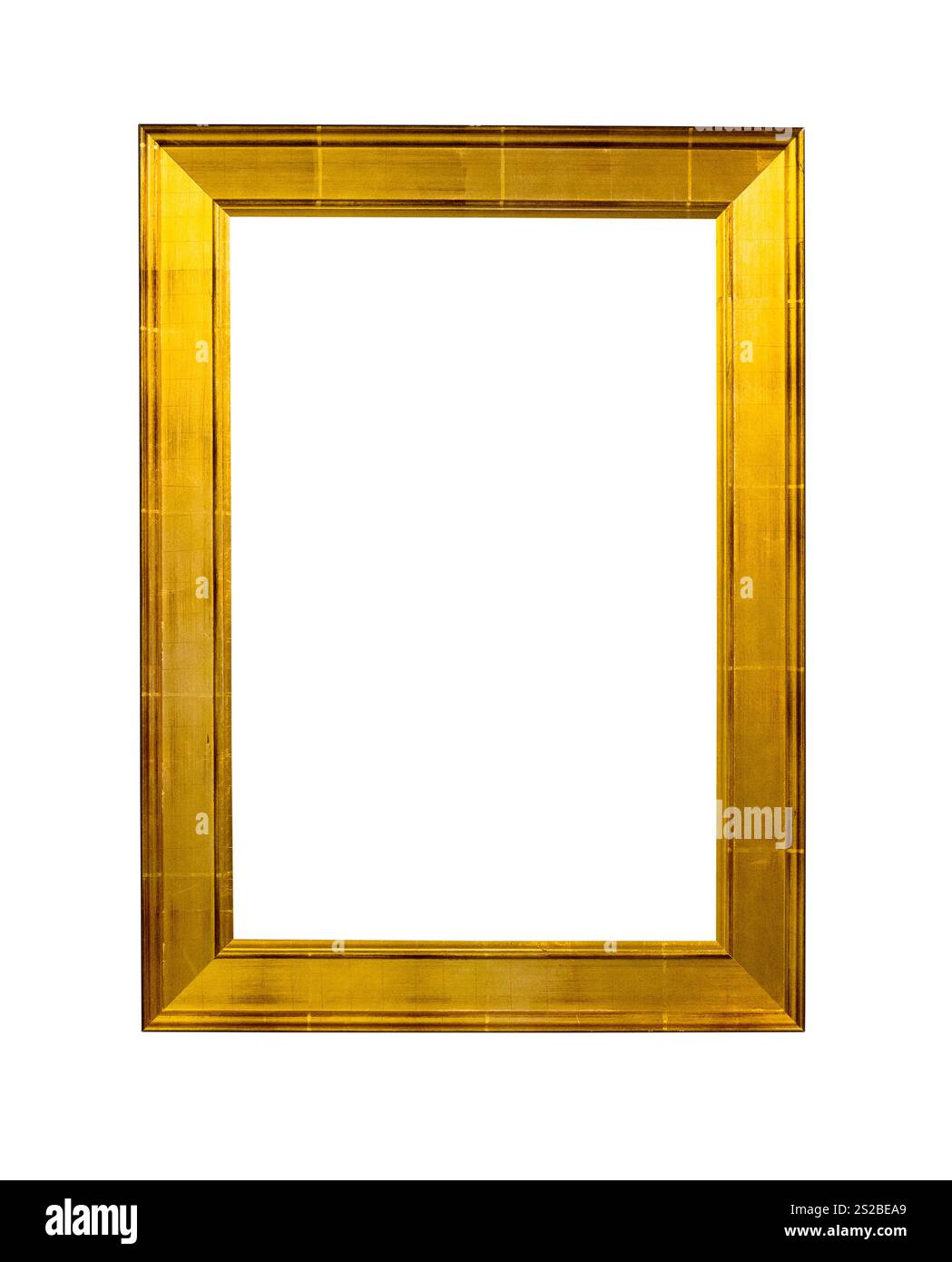 old wide flat golden picture frame with cut out canvas isolated on ...