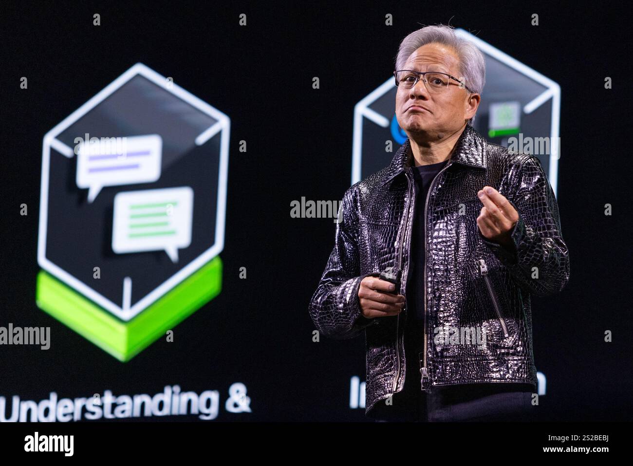 Nvidia CEO Jensen Huang gives the first Keynote speech of CES 2025 at the Michelob ULTRA Arena ...