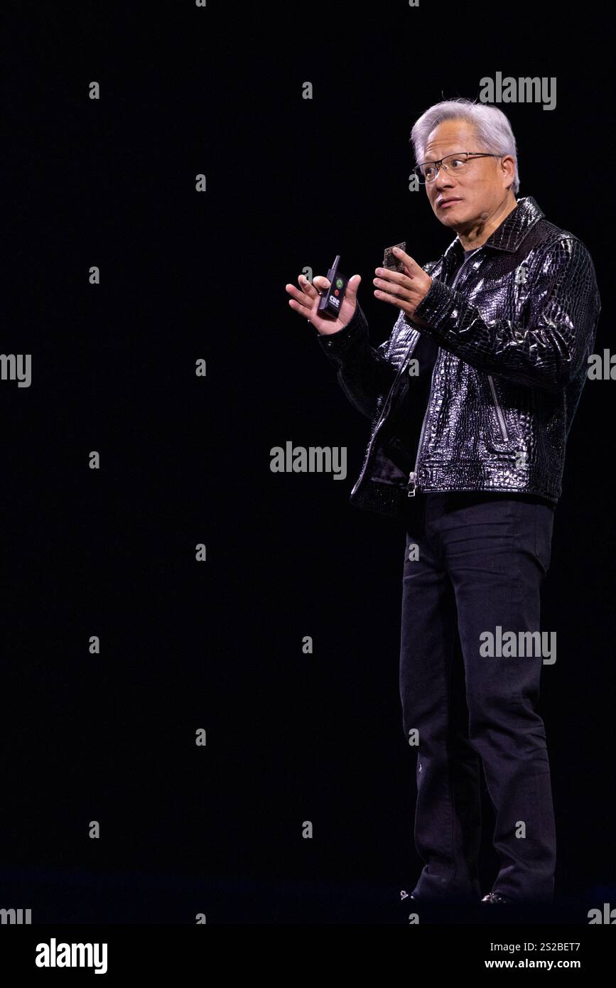 Las Vegas, USA. 06th Jan, 2025. Nvidia CEO Jensen Huang gives the first ...