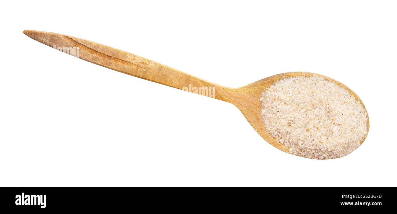 top view of ground asafetida in wood spoon isolated on white background ...