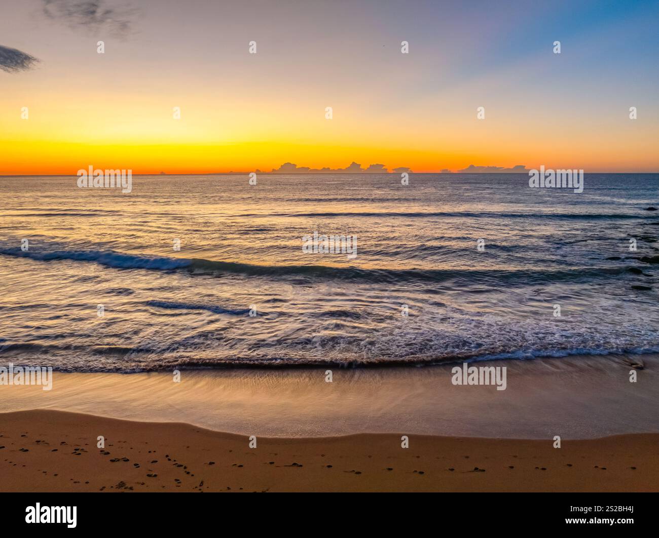 Aerial sunrise over Whale Beach in the Northern Beaches region of ...