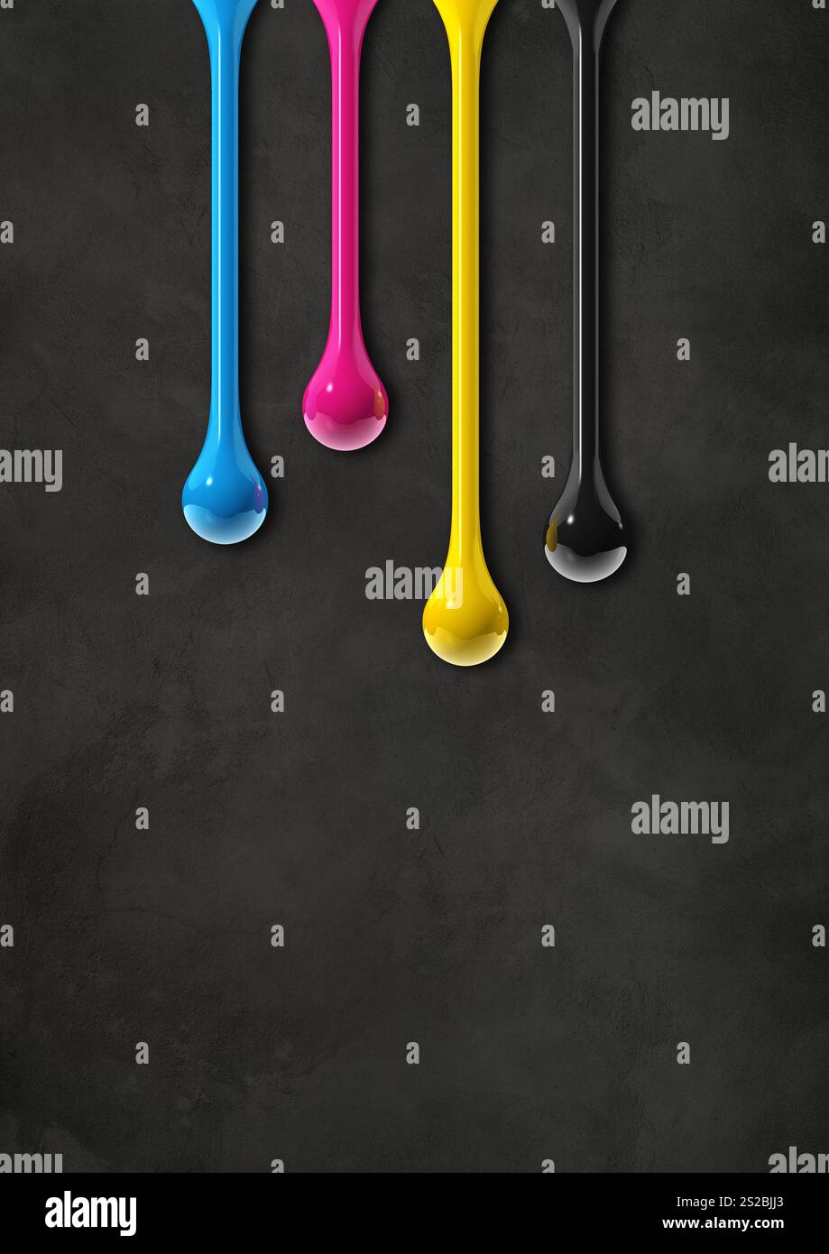 3D cmyk ink drops isolated on black concrete background. Illustration ...