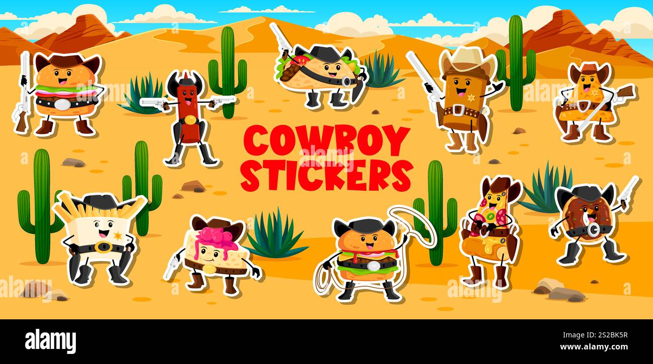 Stickers pack of cartoon fast food cowboy and bandit characters, vector ...