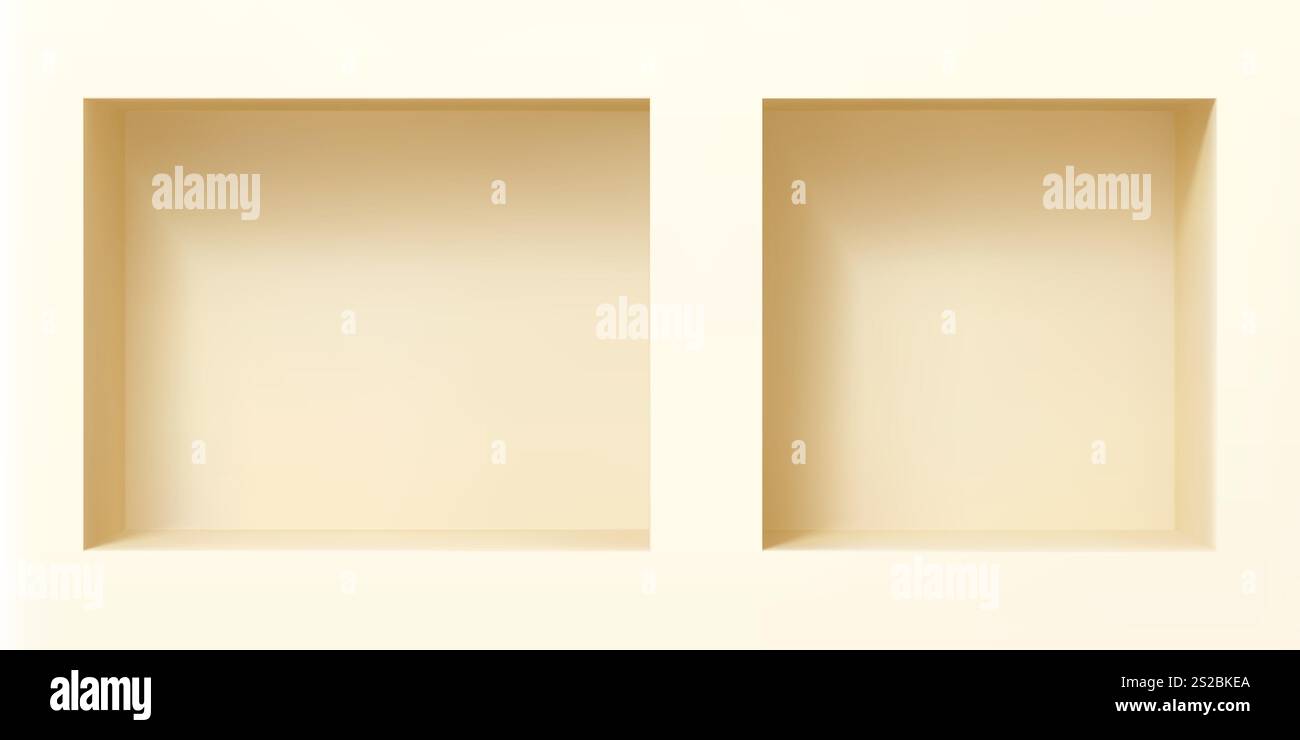3d wall niches. Realistic vector two empty boxes, shelves on beige or ...