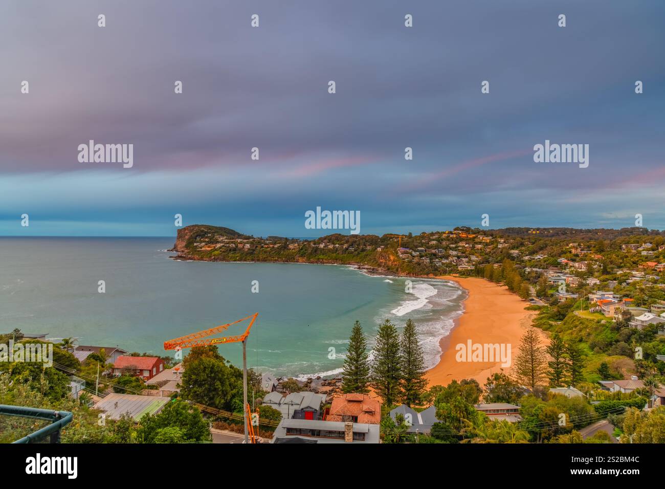 Aerial sunrise over Whale Beach in the Northern Beaches region of ...