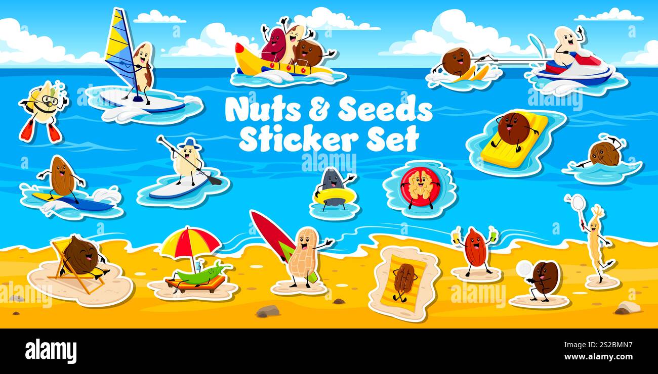 Cartoon nut and legume characters on summer beach, stickers pack ...
