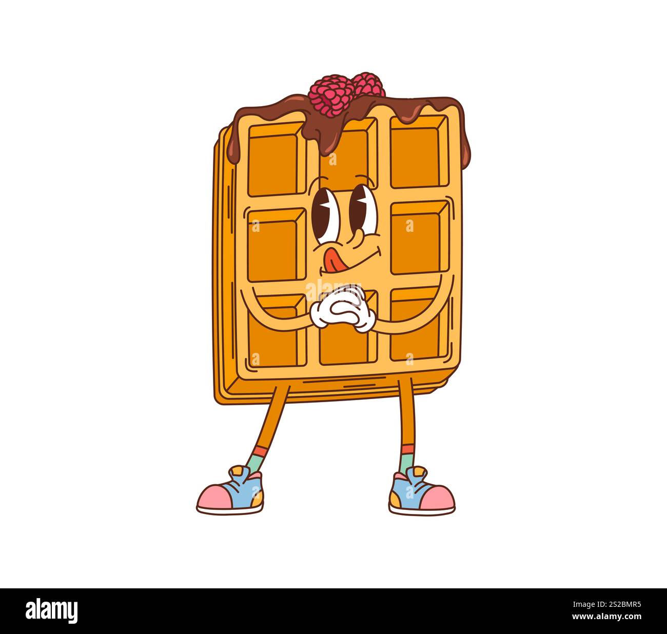 Retro groovy belgian waffle dessert character. Restaurant pastry meal ...
