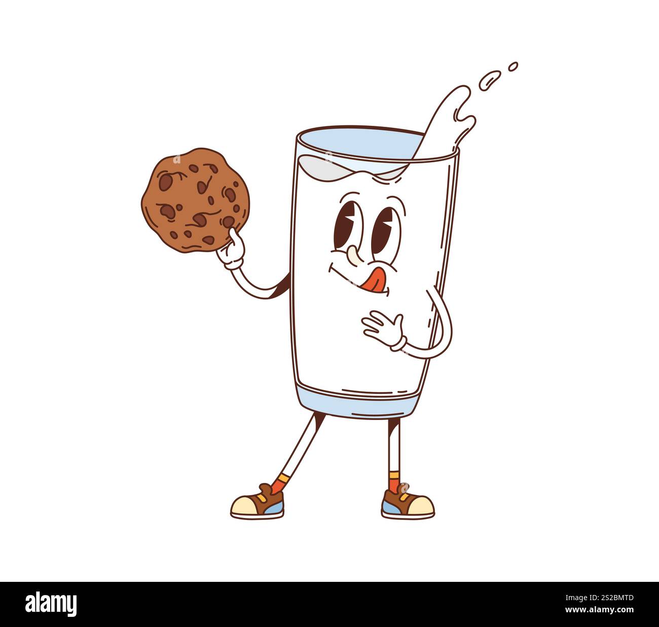 Groovy cartoon milk glass with cookie character. Natural whole milk ...