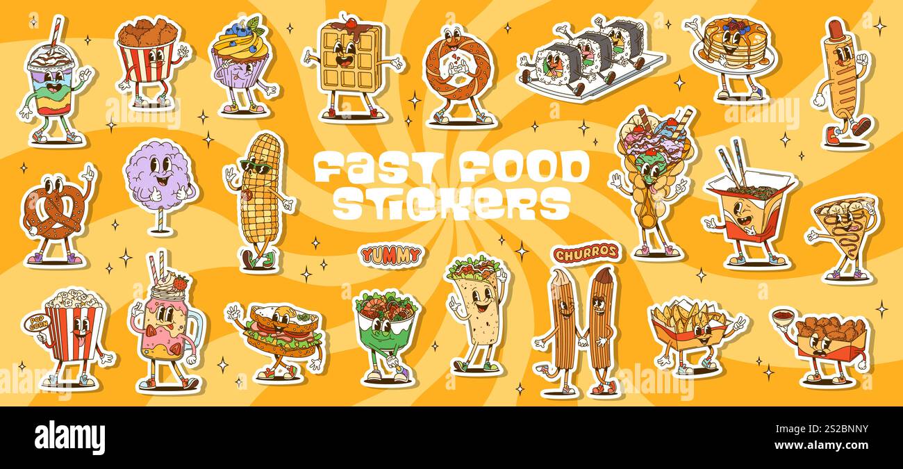 Groovy fast food characters stickers pack of vector drinks, desserts ...
