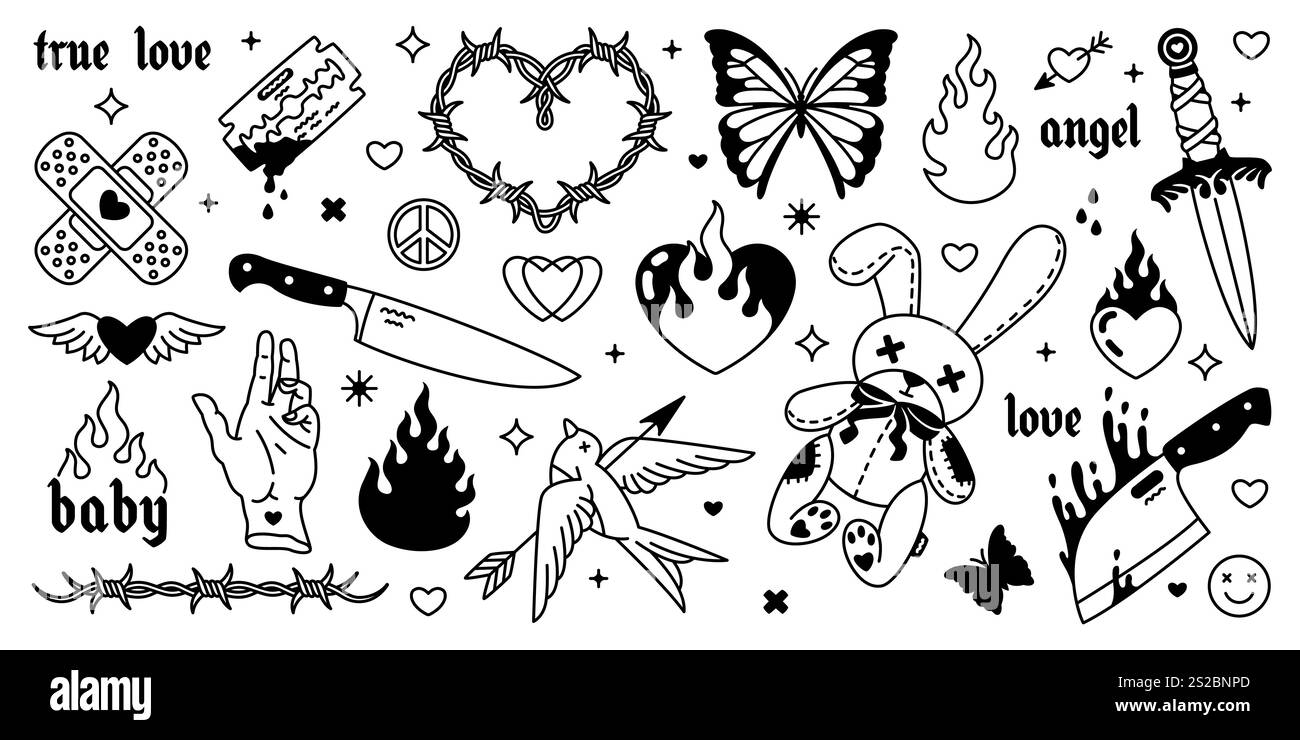 Y2K tattoo set in abstract modern trendy or retro line art, vector ...