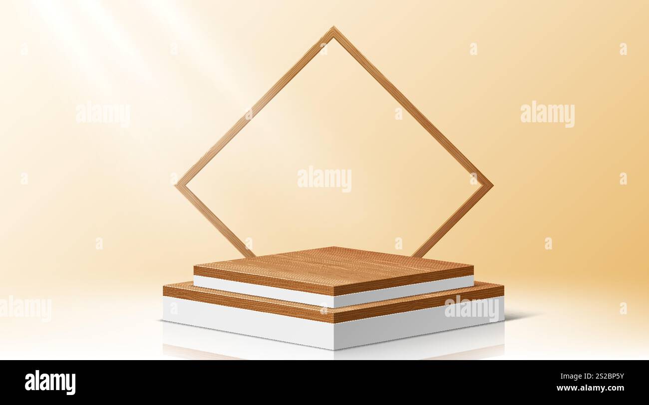 Showcase podium with wooden frame on white podium stage, vector product ...