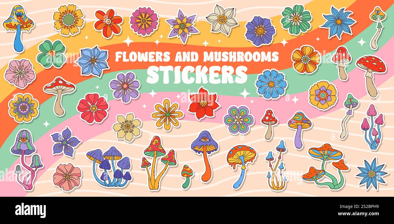 Stickers pack of groovy flowers and mushrooms. Vintage hippie abstract ...