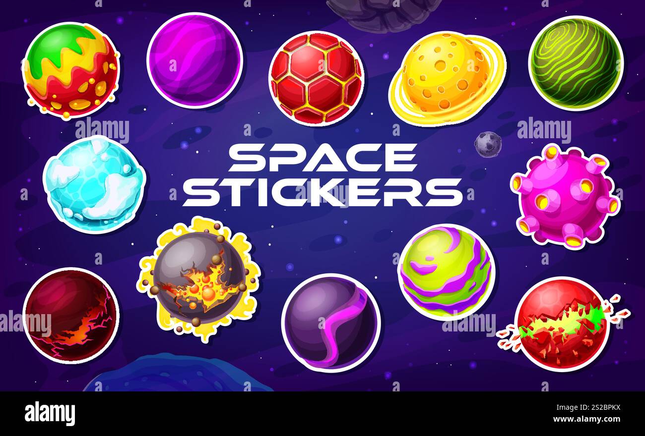 Fantasy alien space planets stickers pack. Fantastic galaxy worlds ...