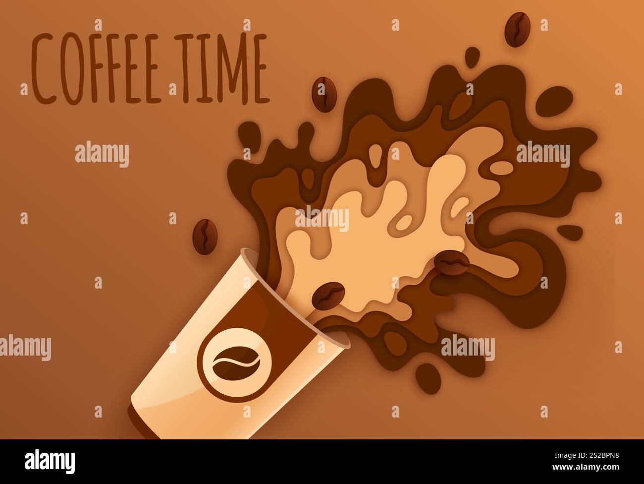 Paper cut coffee drink splash and beans. Papercut banner with realistic ...