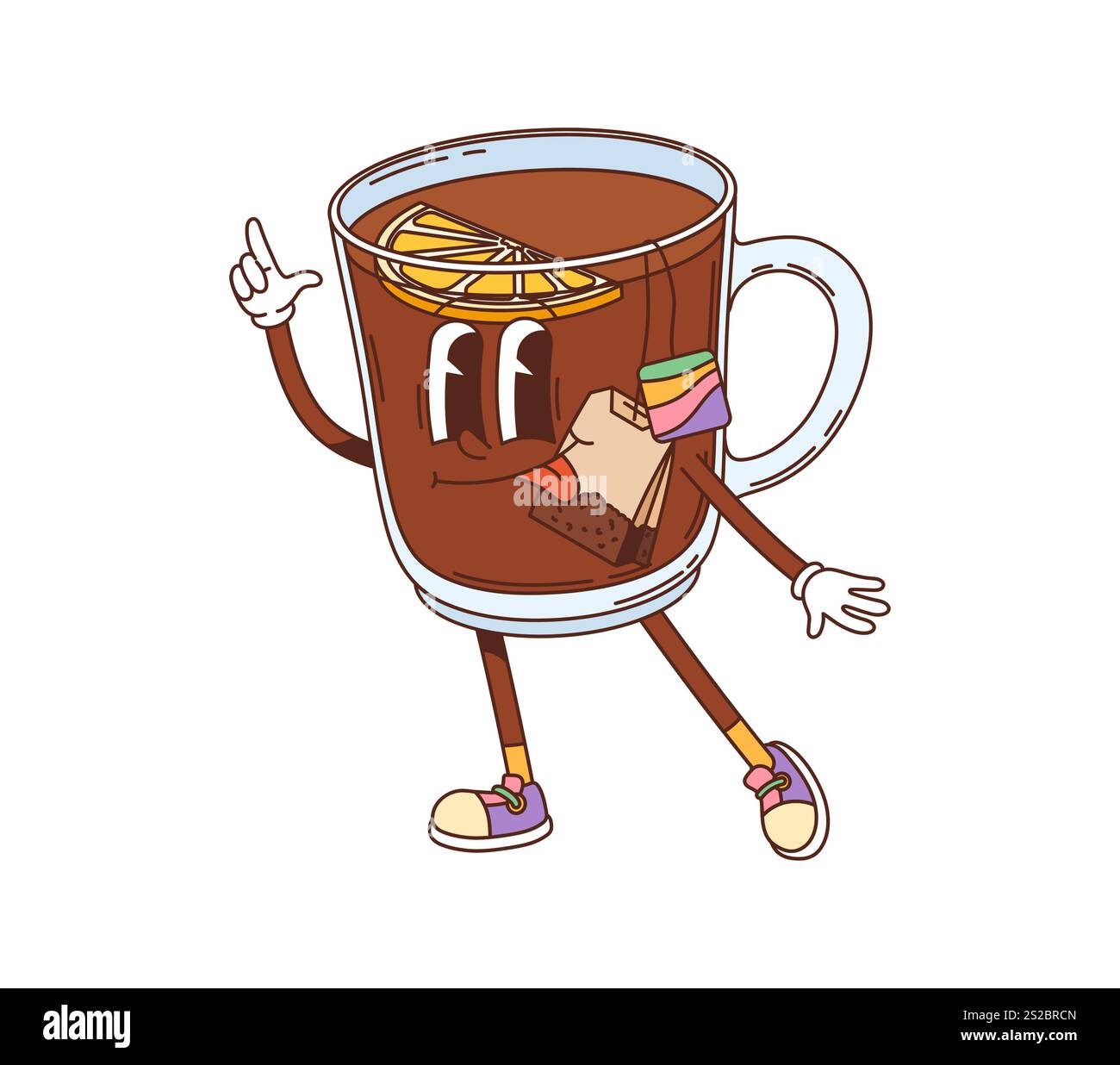 Cartoon groovy black tea glass cup character. Hot herbal drink glass ...