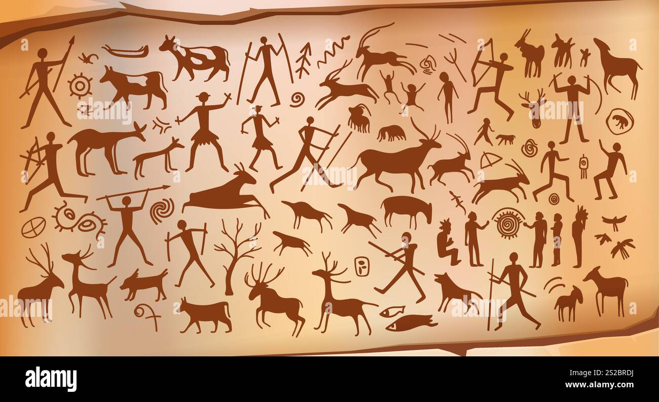 Prehistoric cave painting on stone wall vector background, ancient age ...