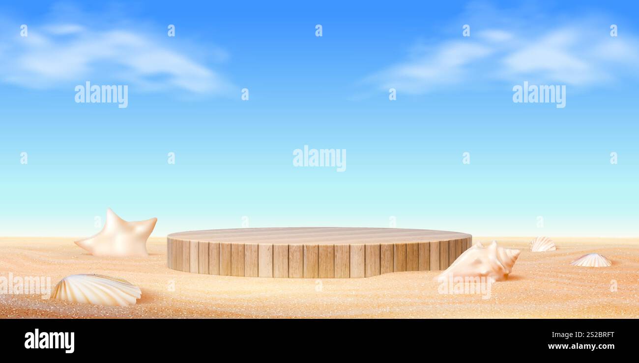 Wooden showcase podium on beach sand with shells and sky background ...