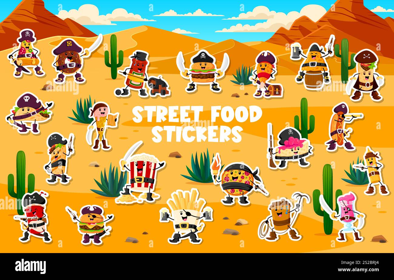 Stickers pack of cartoon fast food pirate and corsair characters ...