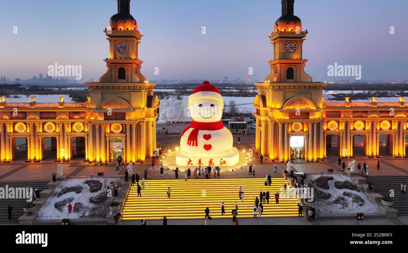 An iconic giant snowman welcomes tourists in Harbin City, northeast ...