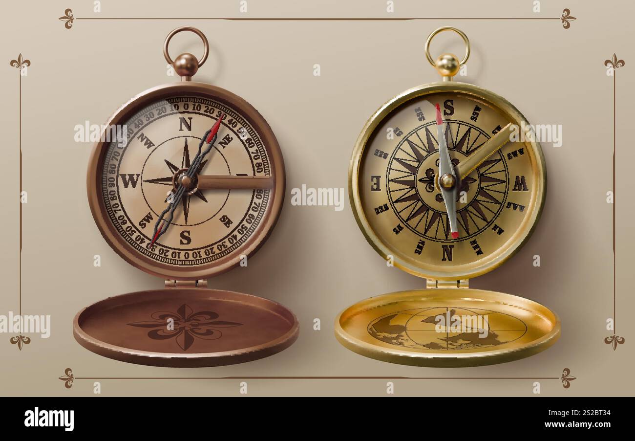 Realistic nautical bronze and brass sea compass, wind rose and star ...