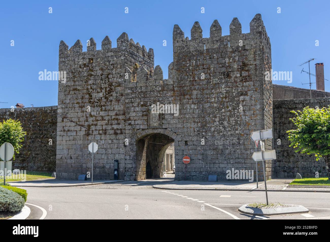 Entrance gate to the castle in Trancoso, the building is entirely made ...