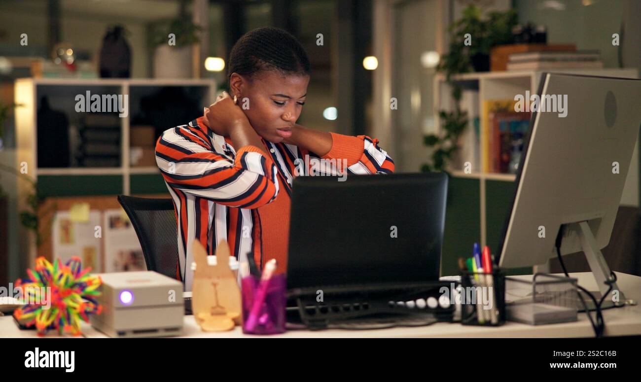 Black woman, night and neck pain with injury or computer for bad ...