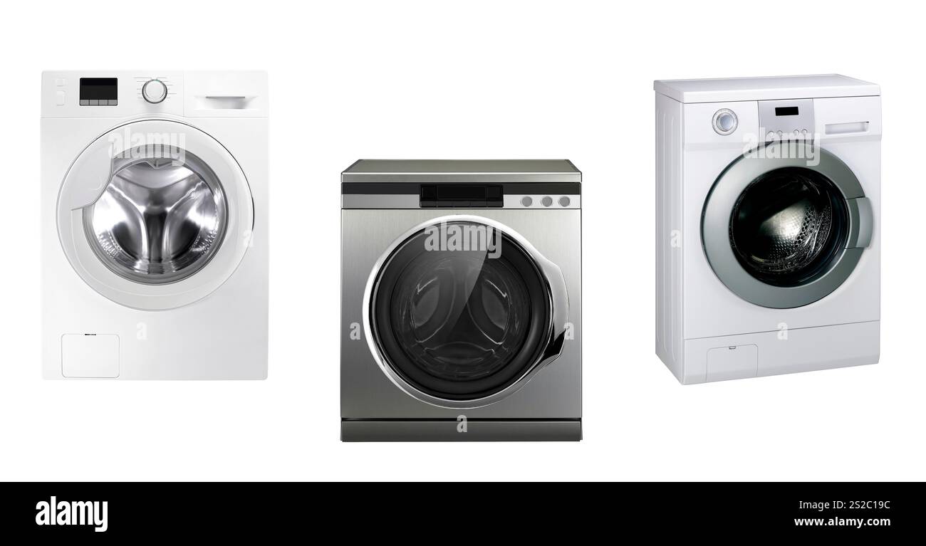 Closed washing machines on white background Stock Photo - Alamy
