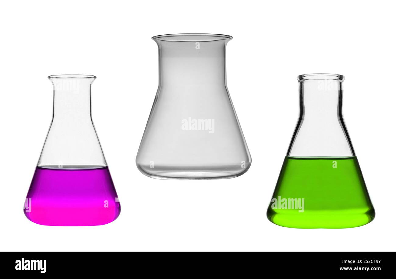 Chemical laboratory flasks with liquid isolated on white background ...