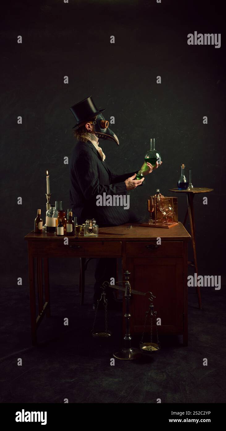 Plague doctor mixing his elements, experimenting and researching in ...