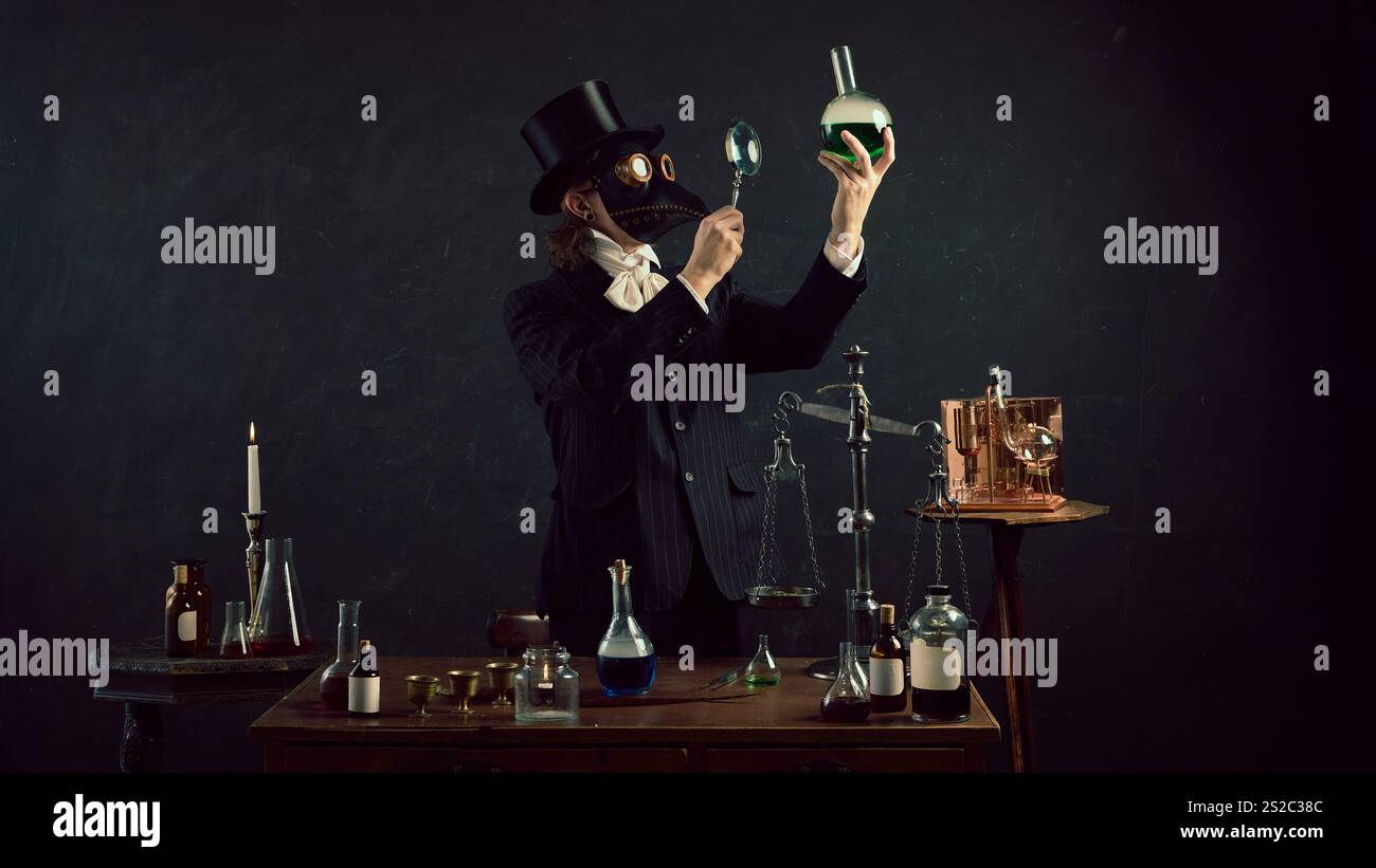 Plague doctor exam green liquid in flask, blending science fiction with ...