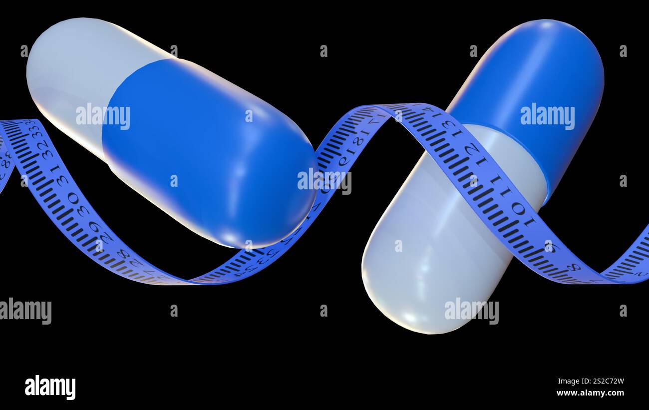 3d rendering of drug capsule-shaped pill surrounded by a coiled ...
