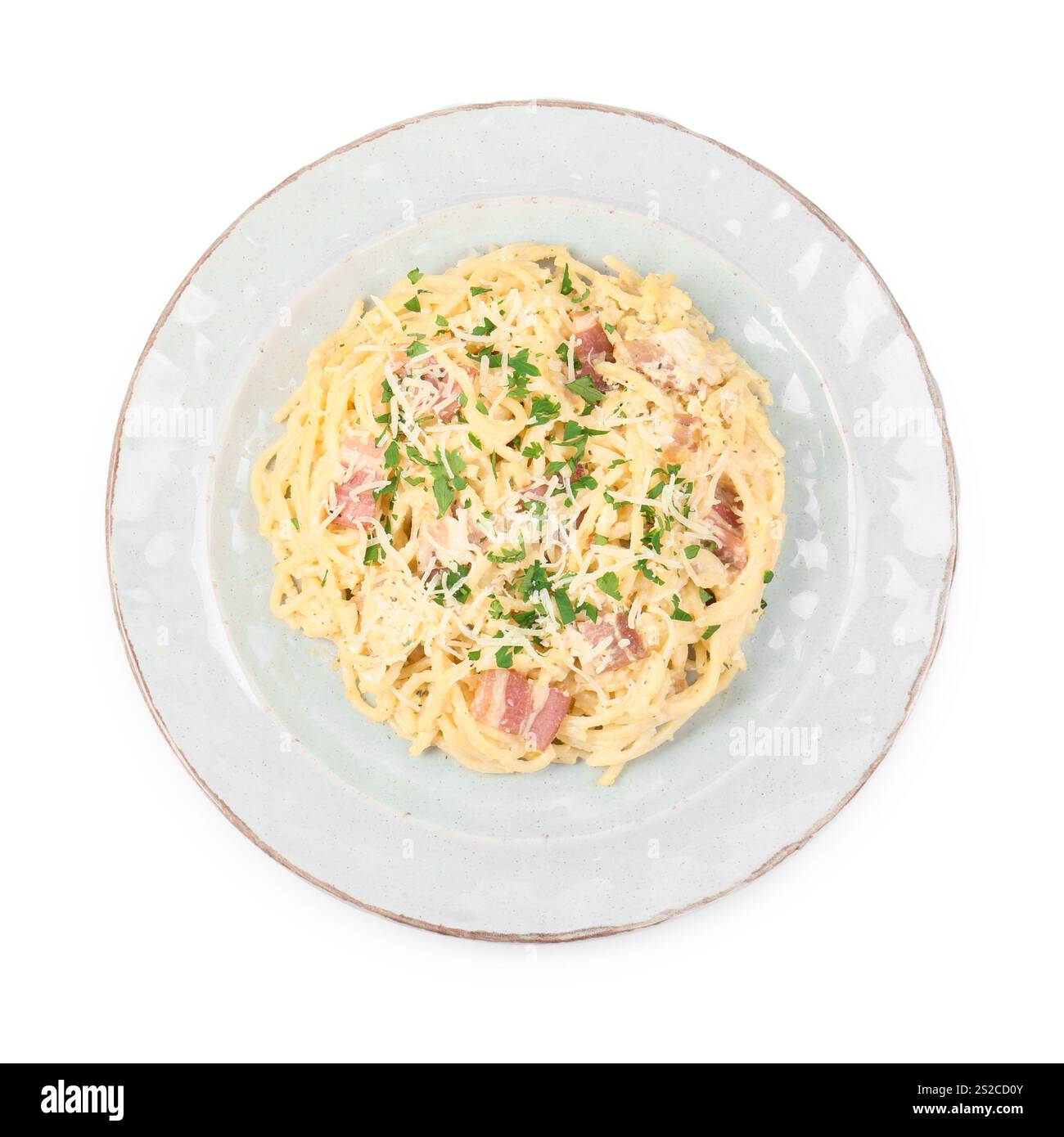 Delicious pasta Carbonara with bacon isolated on white, top view Stock ...