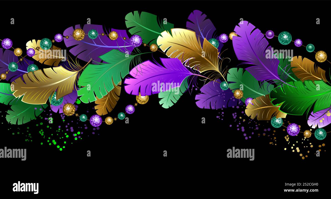 Mardi gras border of yellow, purple, green bright feathers and shiny ...