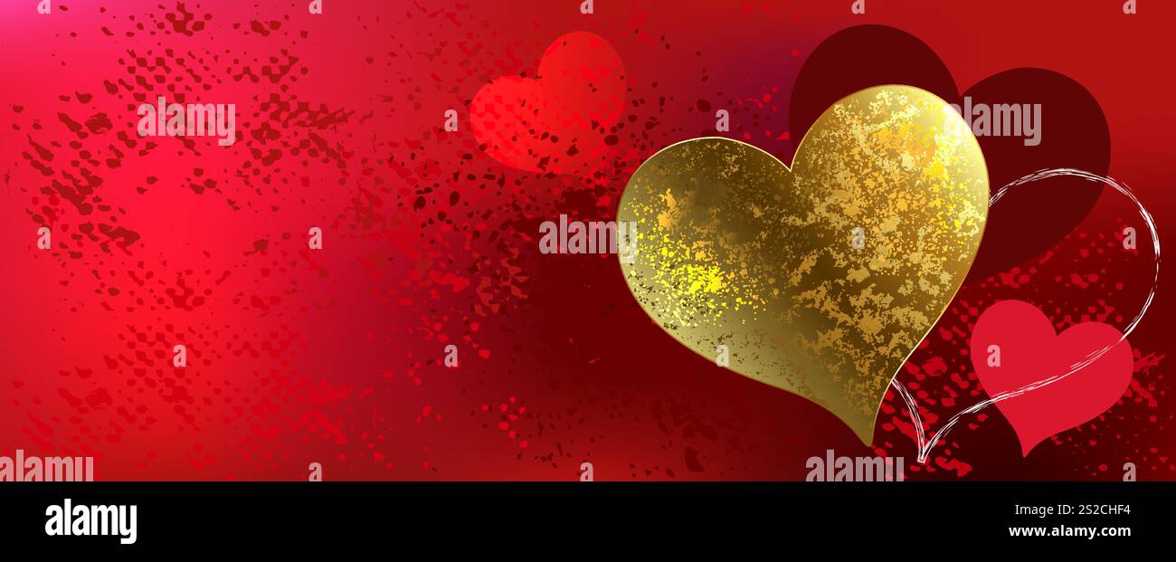 Banner with golden, shiny, textured valentine on bright red, textured ...