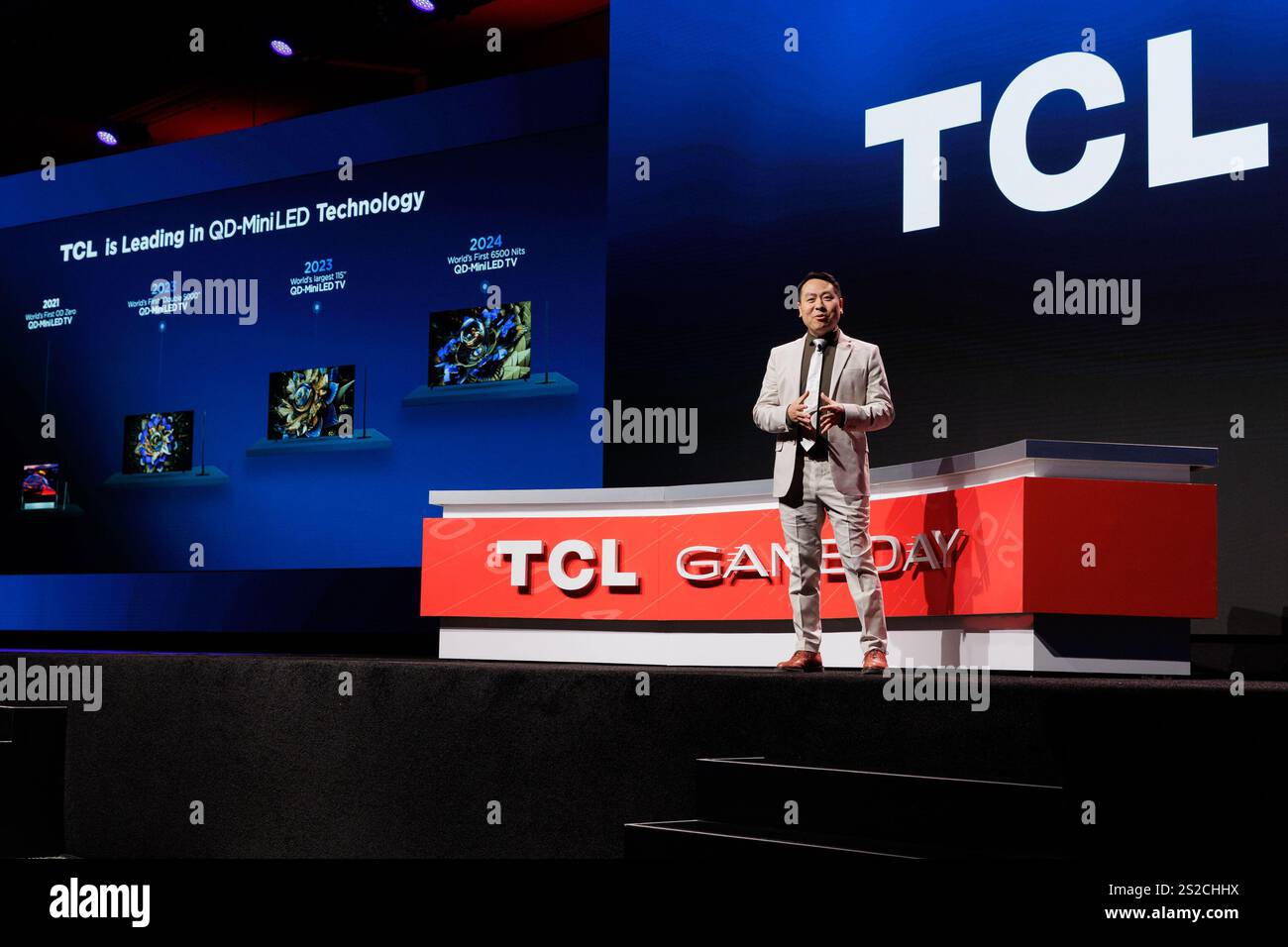 Las Vegas, USA. 06th Jan, 2025. Mark Zhang, President, TCL NA, speaks during the TCL ...