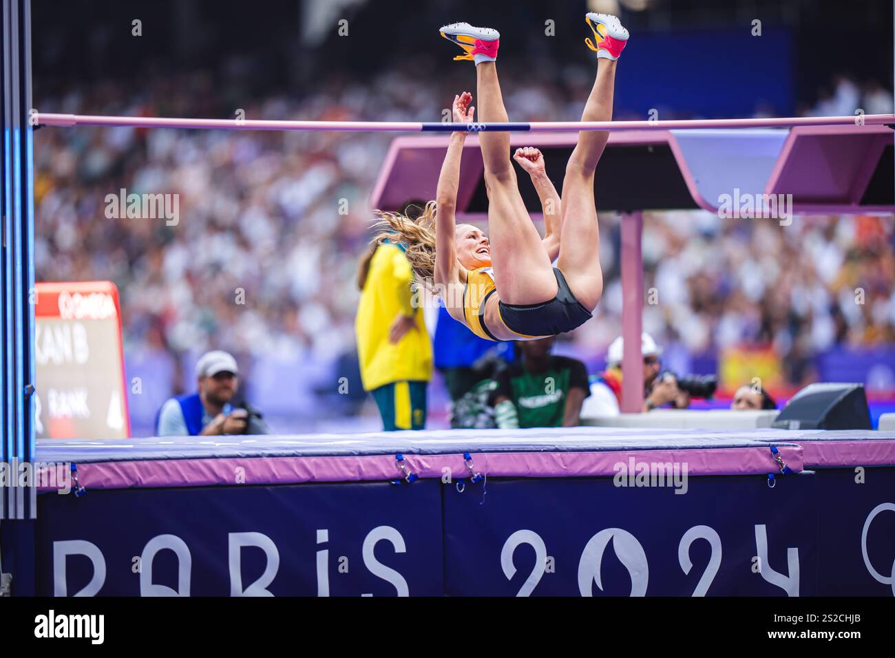 Christina Honsel participating in the high jump at the Paris 2024 ...