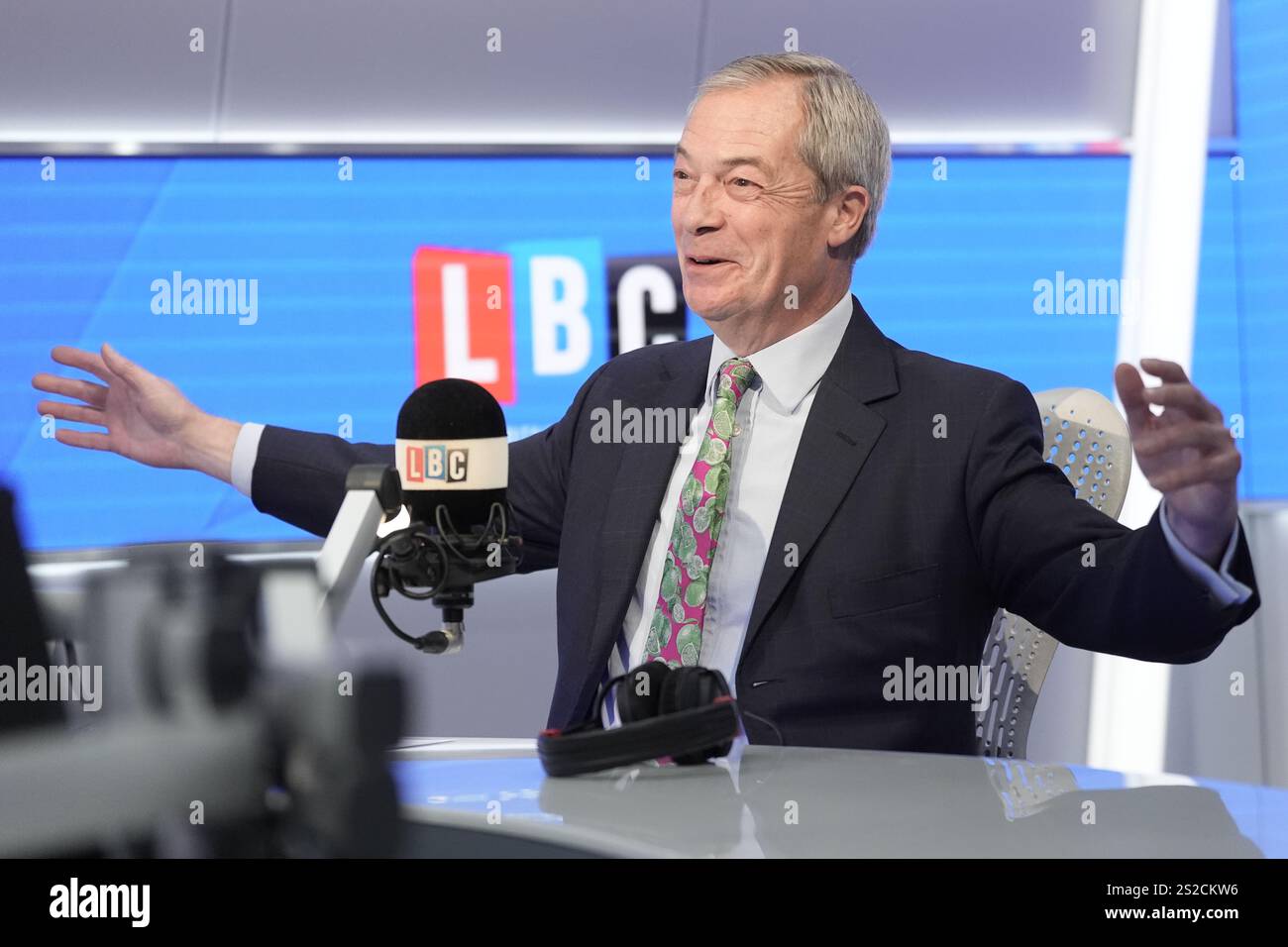 Reform UK leader Nigel Farage during an appearance on LBC's Nick Ferrari at Breakfast show, at ...