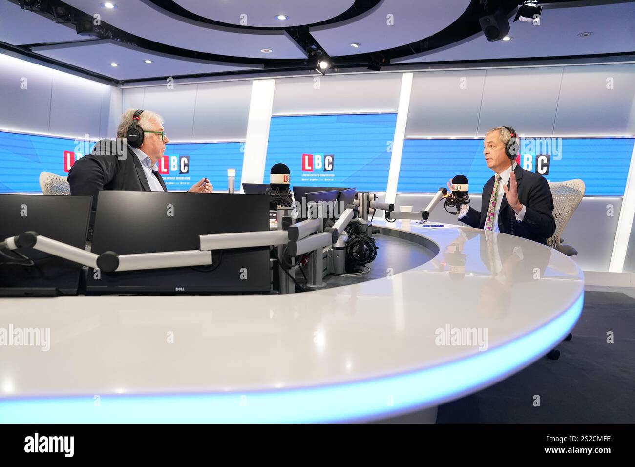 Reform UK leader Nigel Farage (right) during an appearance on LBC's ...