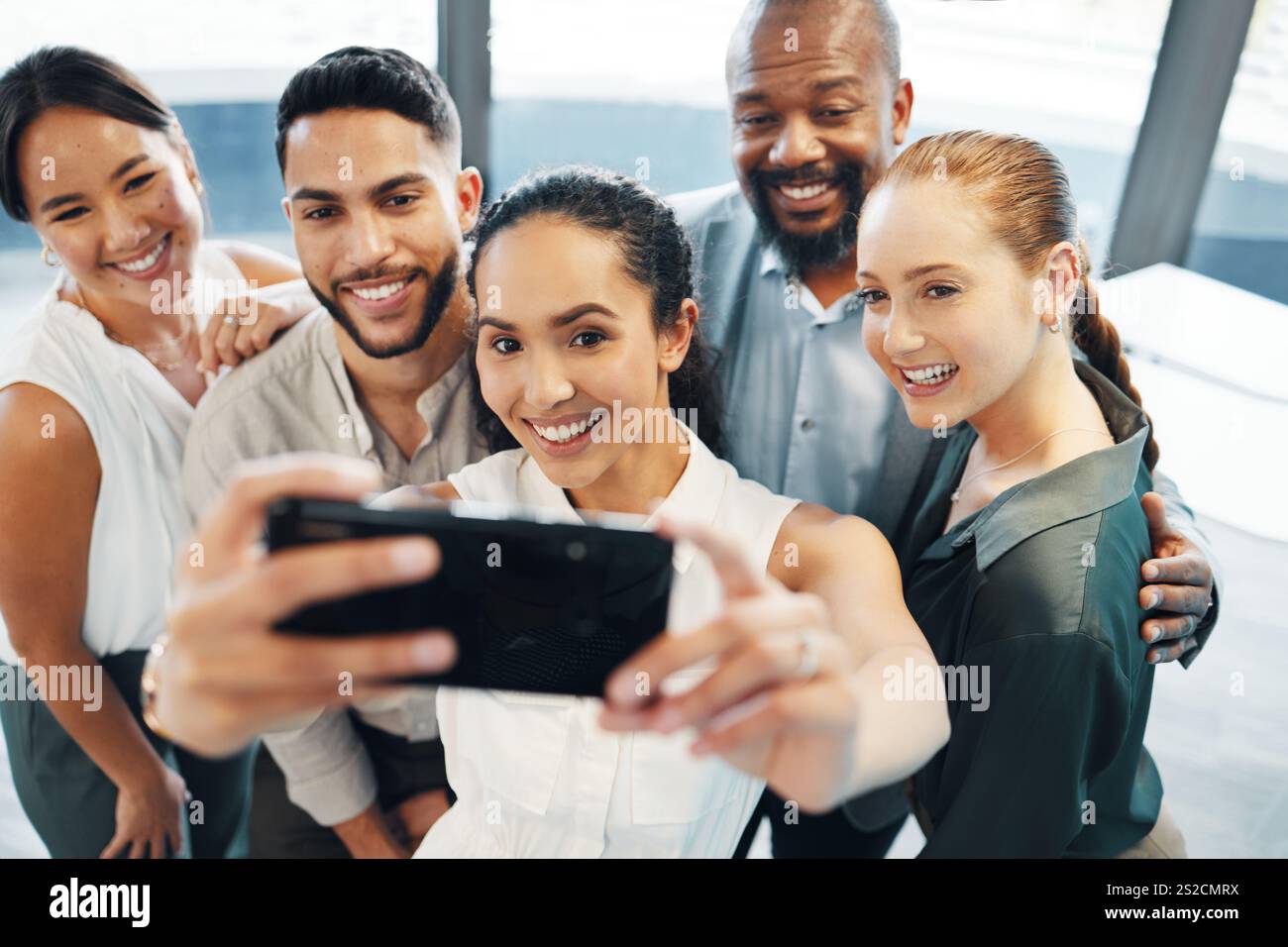 Selfie, meeting and group of friends, office and smile for collaboration, celebration and ...