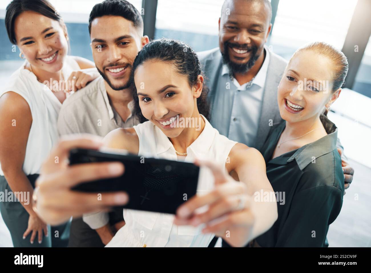 Selfie, creative and group of friends, office and bonding for ...