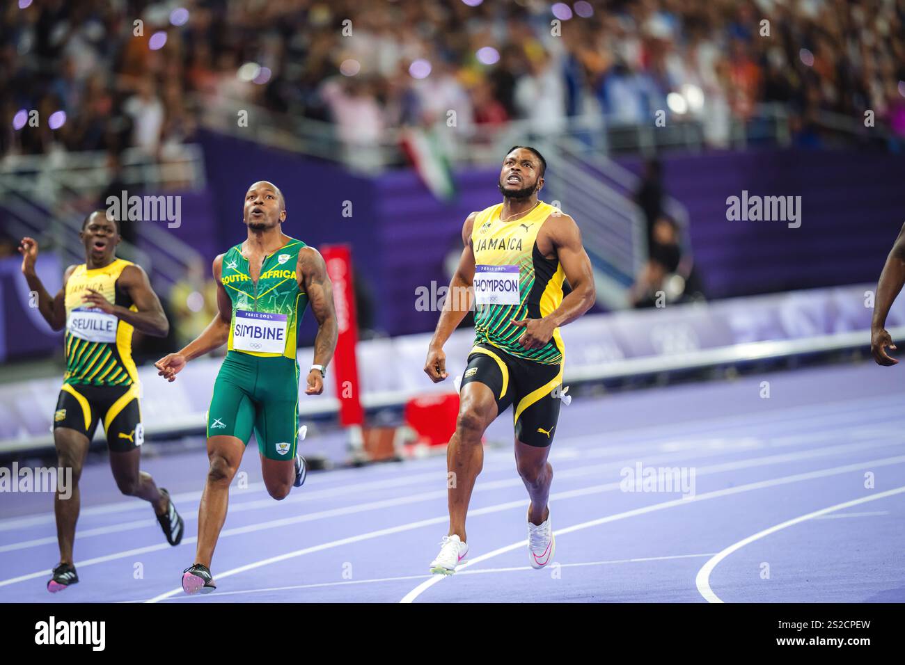 Kishane Thompson participating in the 100 metres at the Paris 2024 ...
