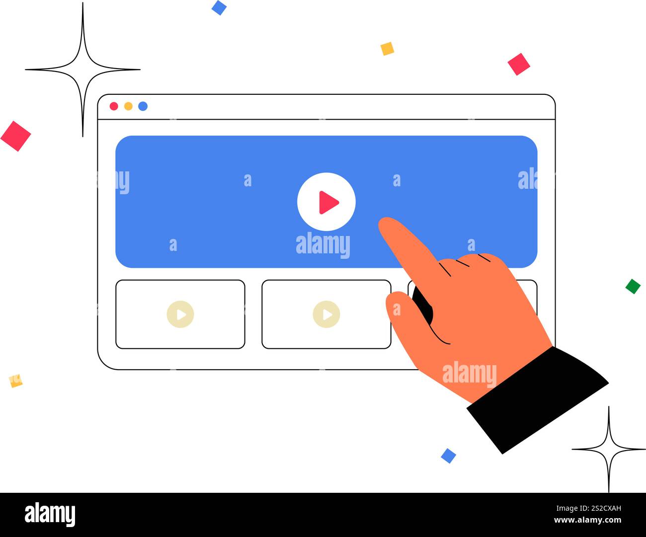 Hand Clicking Play Button On Browser In Flat Vector Illustration ...
