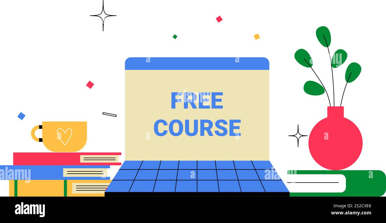 Free Online Course Displayed On Laptop With Books And Vase In Flat ...