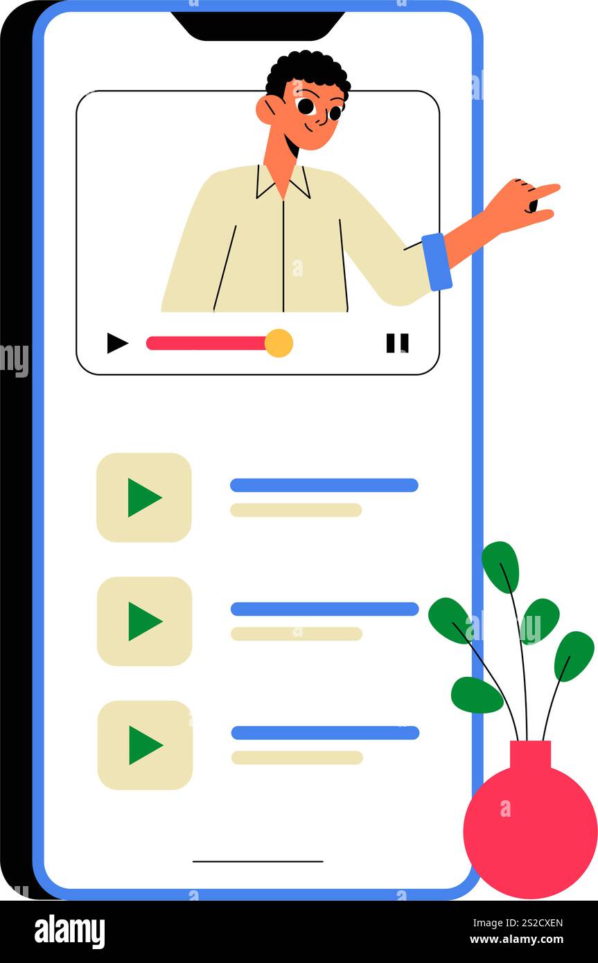 Male Instructor Teaching Online Through Mobile Interface In Flat Vector ...